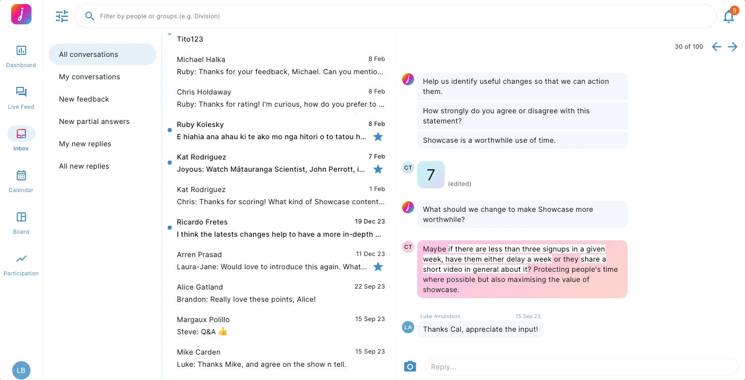 How do I react to feedback in the Live Feed and Inbox?
